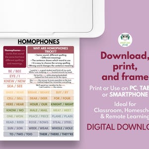 HOMOPHONES POSTER, English Language, Grammar Chart, Correct Spelling ...