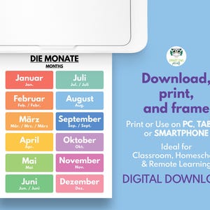 German Language, MONTHS of THE YEAR in German, 2 Posters Set, German ...