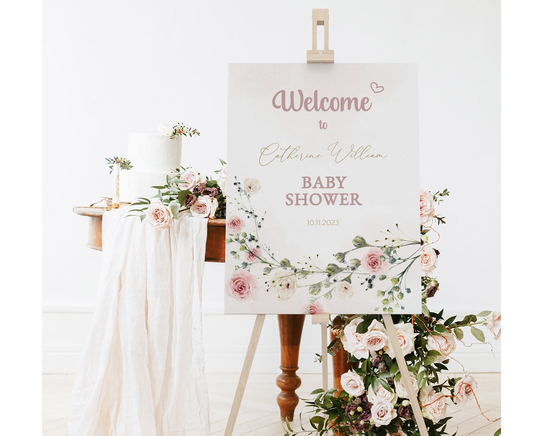 Hello Baby Shower Welcome Sign Template, Pink White Roses, Editable ...