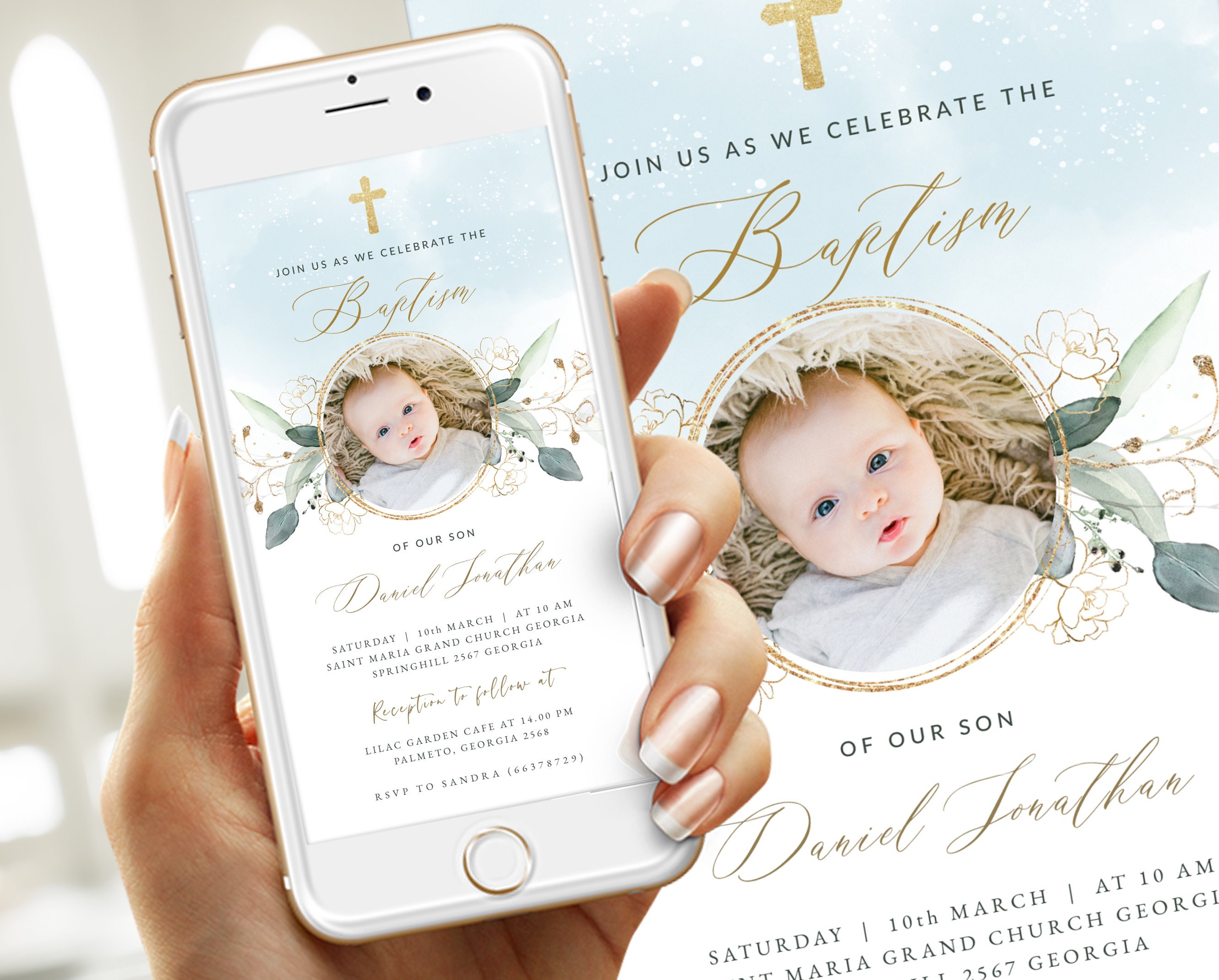 Digital Baptism Invitation Template Green Baptism Greenery - Etsy