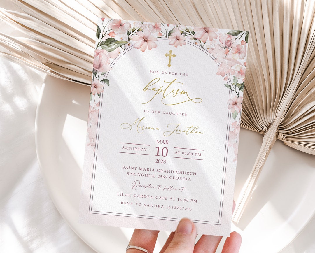 BLUSH Pink Baptism Invitation Template, Pink Rose Floral, Printable ...