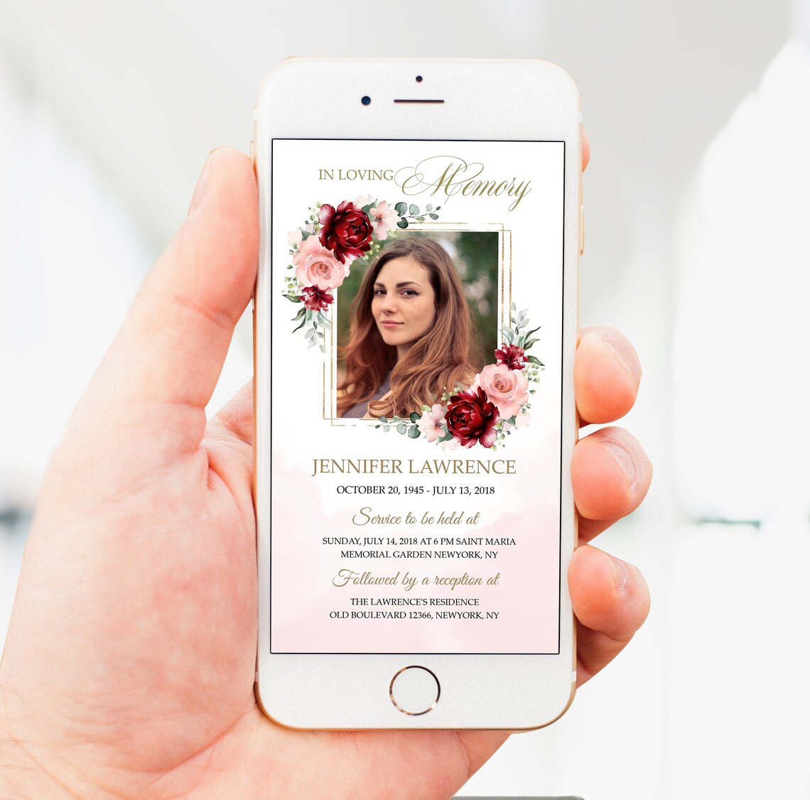 Red Pink Roses Funeral Evite Funeral Announcement Digital - Etsy