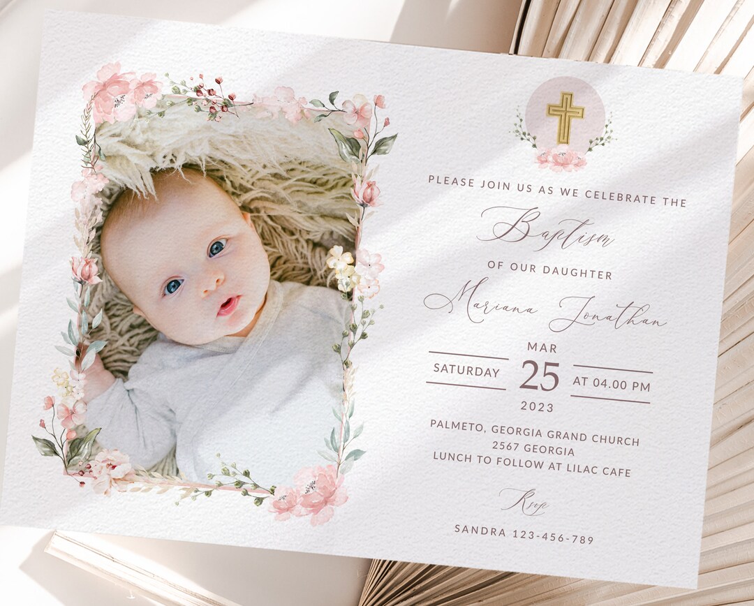 Baby Baptism Invitation Template, Rustic Pink Flowers, Editable, Pink ...