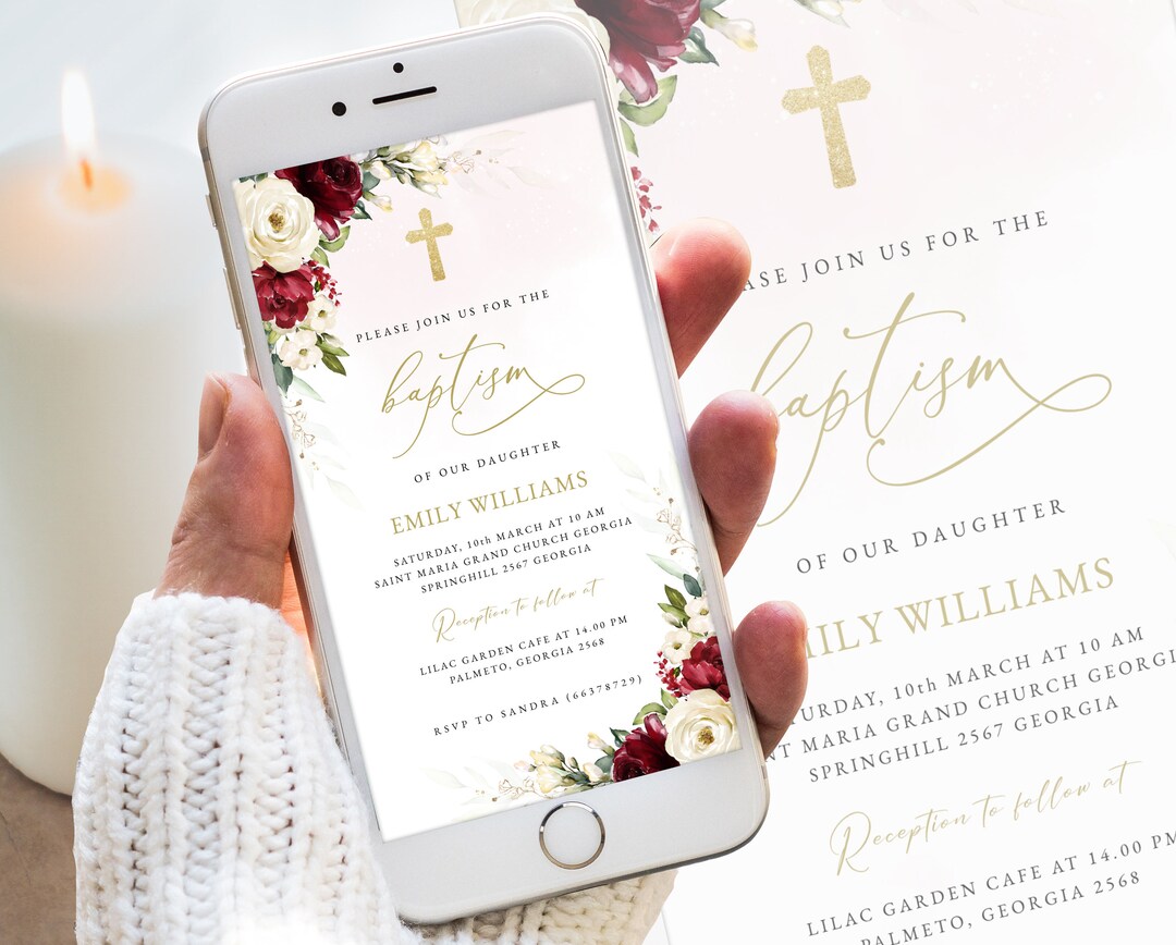 Digital Baptism Invitation, Girl Christening Invitation Template, Red ...