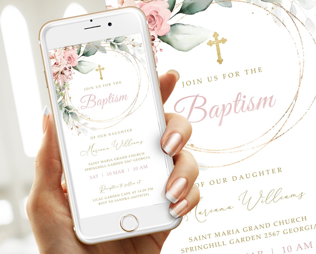 Digital Baptism Evite Invitation Template, Blush Pink Flowers, Pink ...
