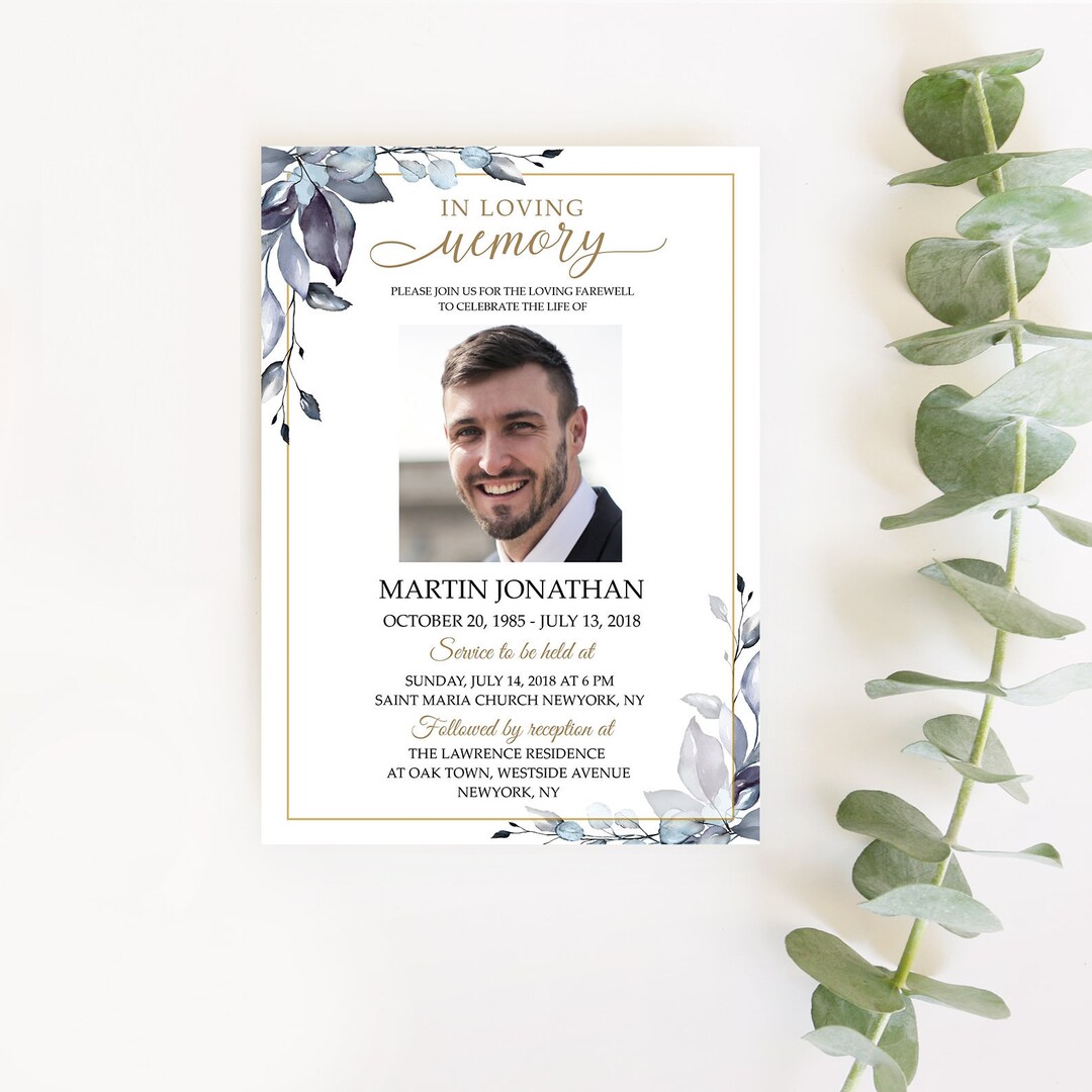 Invitación de funeral de hojas azules Plantilla de anuncio de - Etsy España