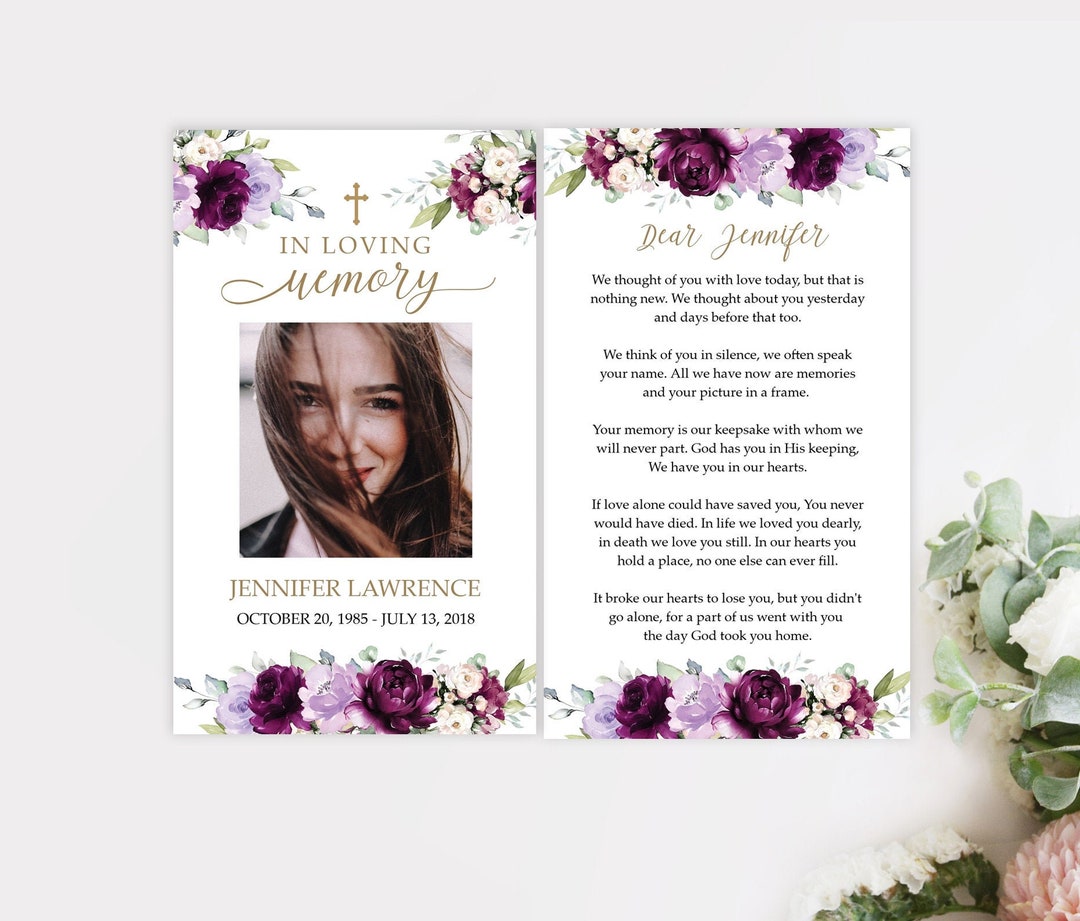 Purple Plum Roses Editable Funeral Prayer Card Template Floral - Etsy