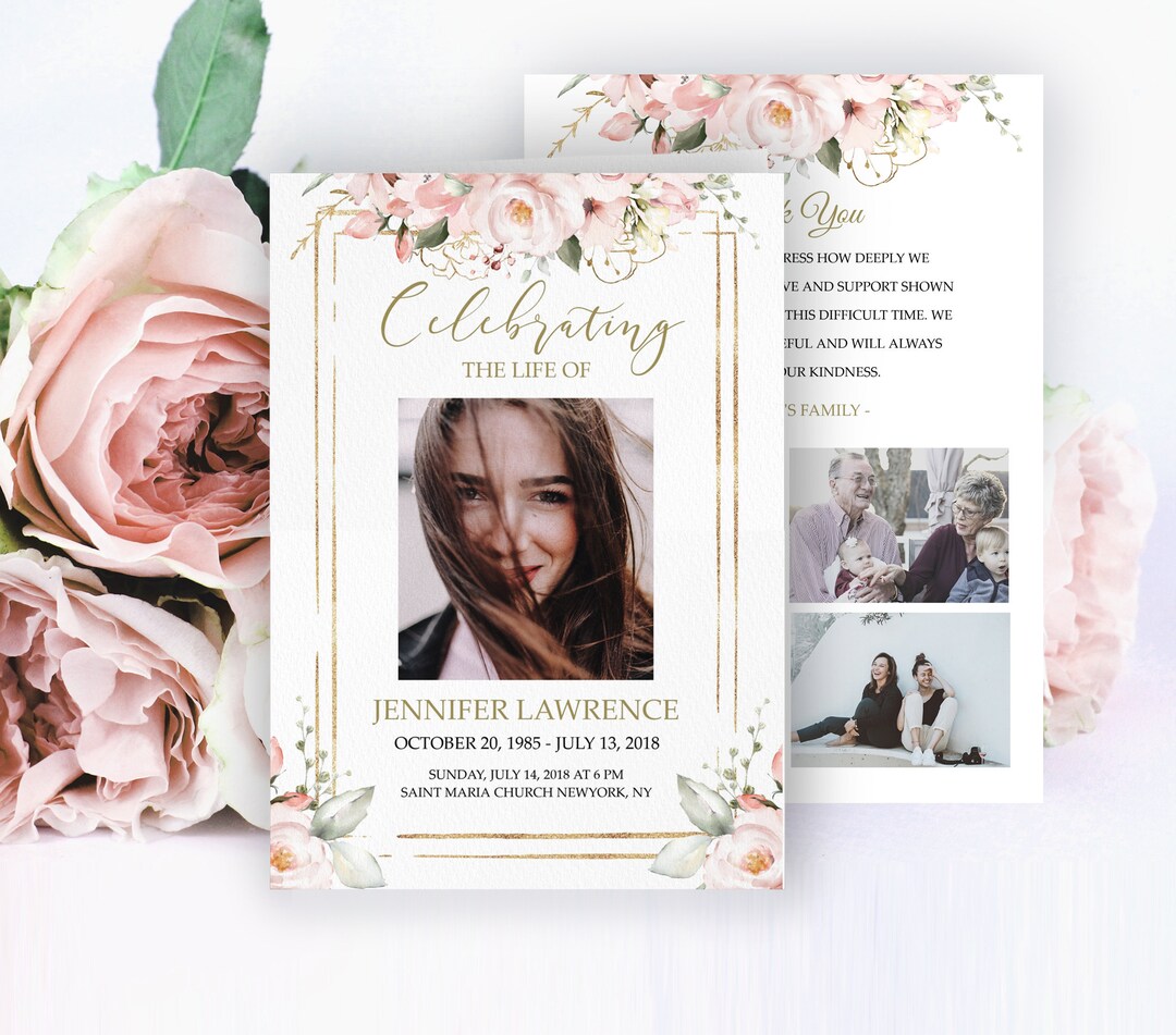 Pink Roses Funeral Program Template, Memorial Service Template ...