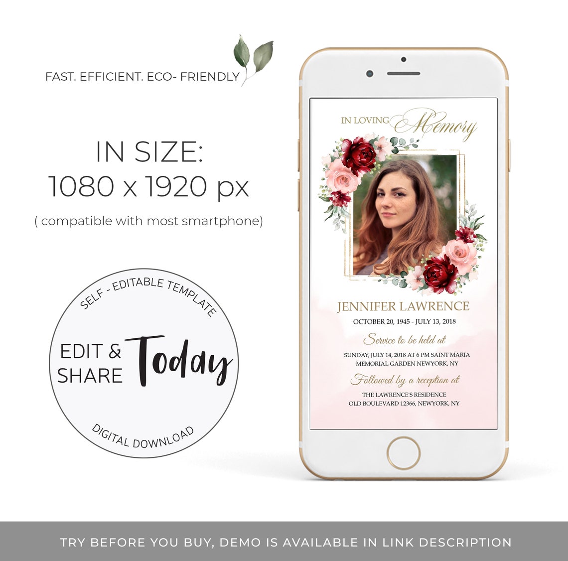 Red Pink Roses Funeral Evite Funeral Announcement Digital - Etsy