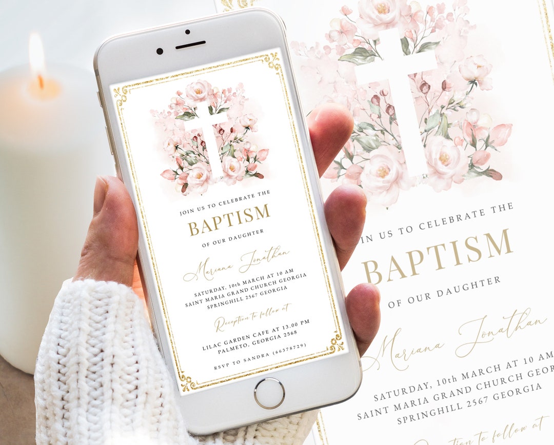 Digital Baptism Text Invitation Template, Rustic Pink Flowers, Cross ...