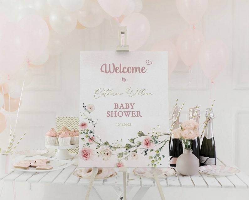 Hello Baby Shower Welcome Sign Template Pink White Roses - Etsy