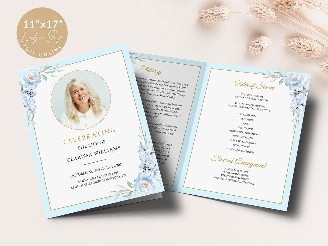 Editable Funeral Programsoft Blue Roses Elegant Memorial Service ...