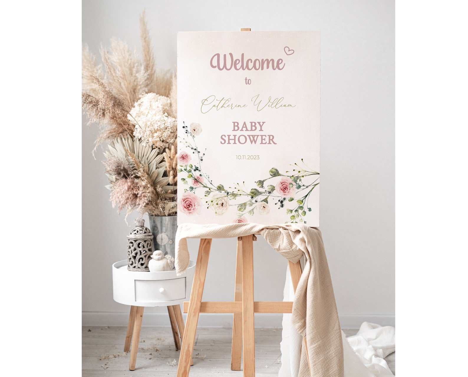 Hello Baby Shower Welcome Sign Template Pink White Roses - Etsy