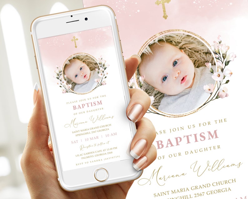 Digital Baptism Text Invitation Template Baby Pink Flowers - Etsy