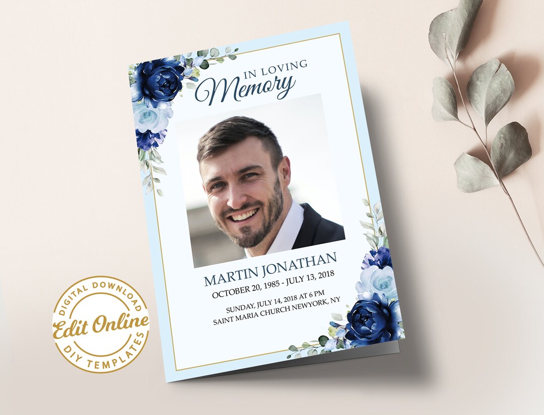 F38 Funeral Program Template for Men Blue Roses, Funeral Program ...