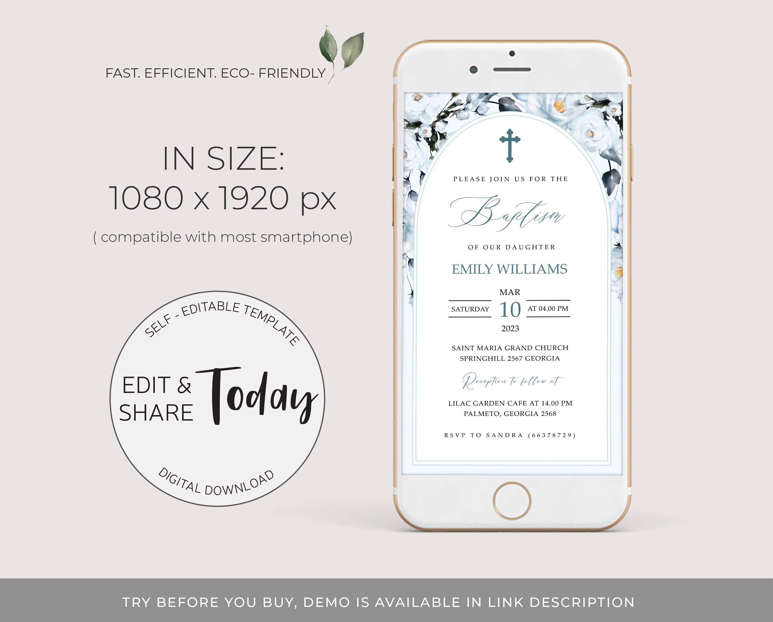 Digital Baptism Invitation Template Blue Arch Frame Blue - Etsy