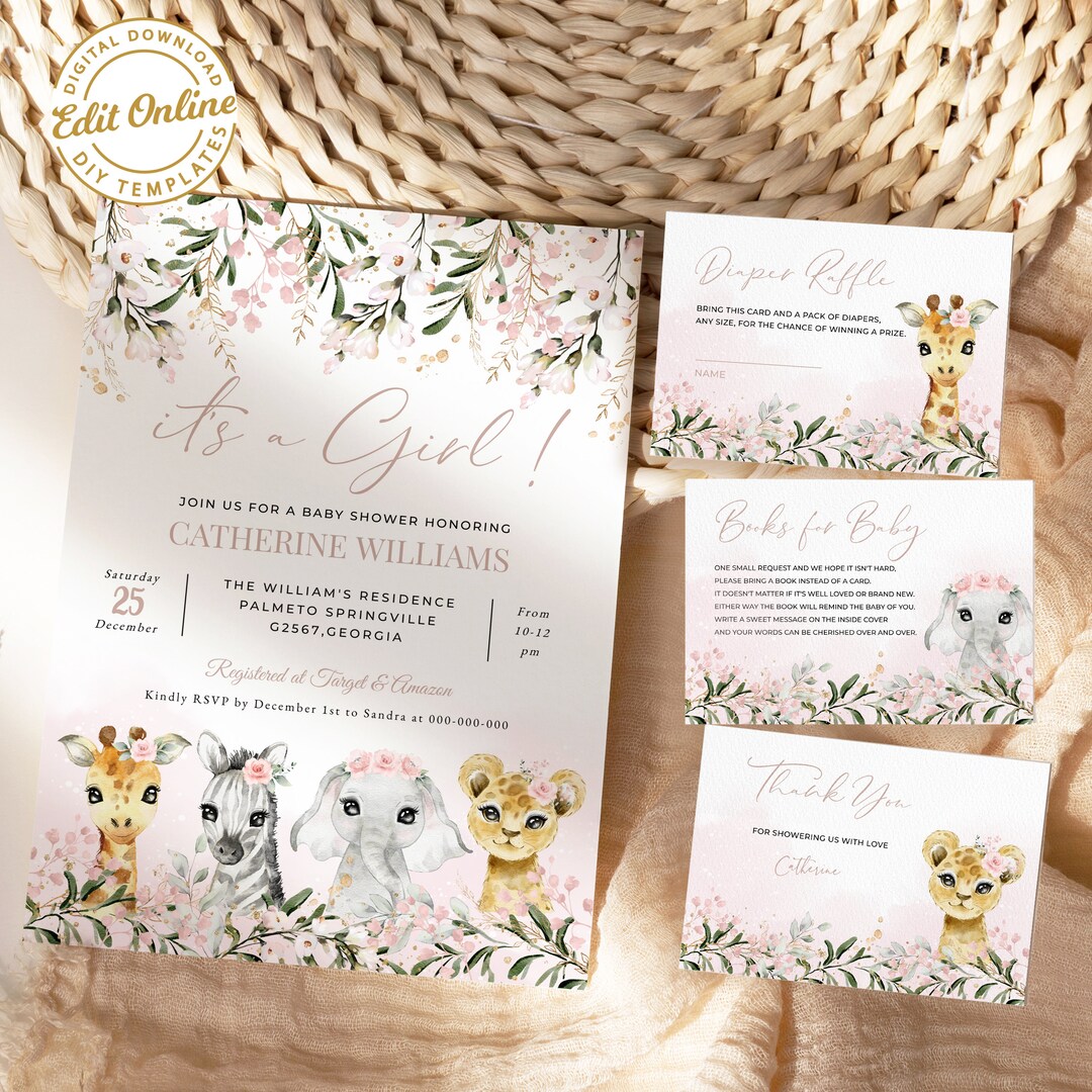 Editable Girl Pink Blush Safari Baby Shower Invitation - Etsy