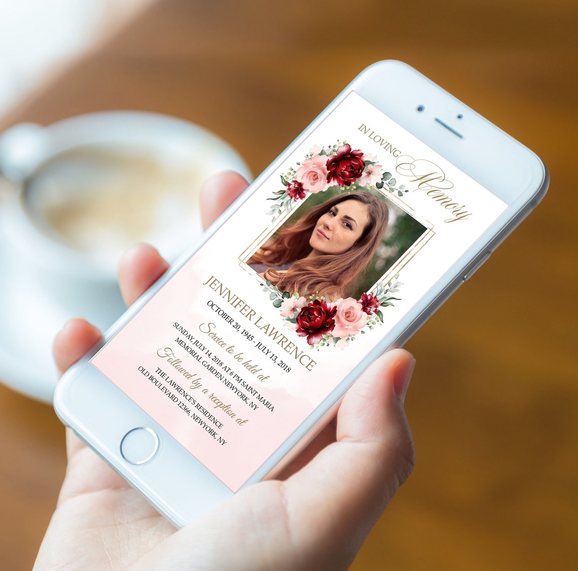 Red Pink Roses Funeral Evite Funeral Announcement Digital - Etsy