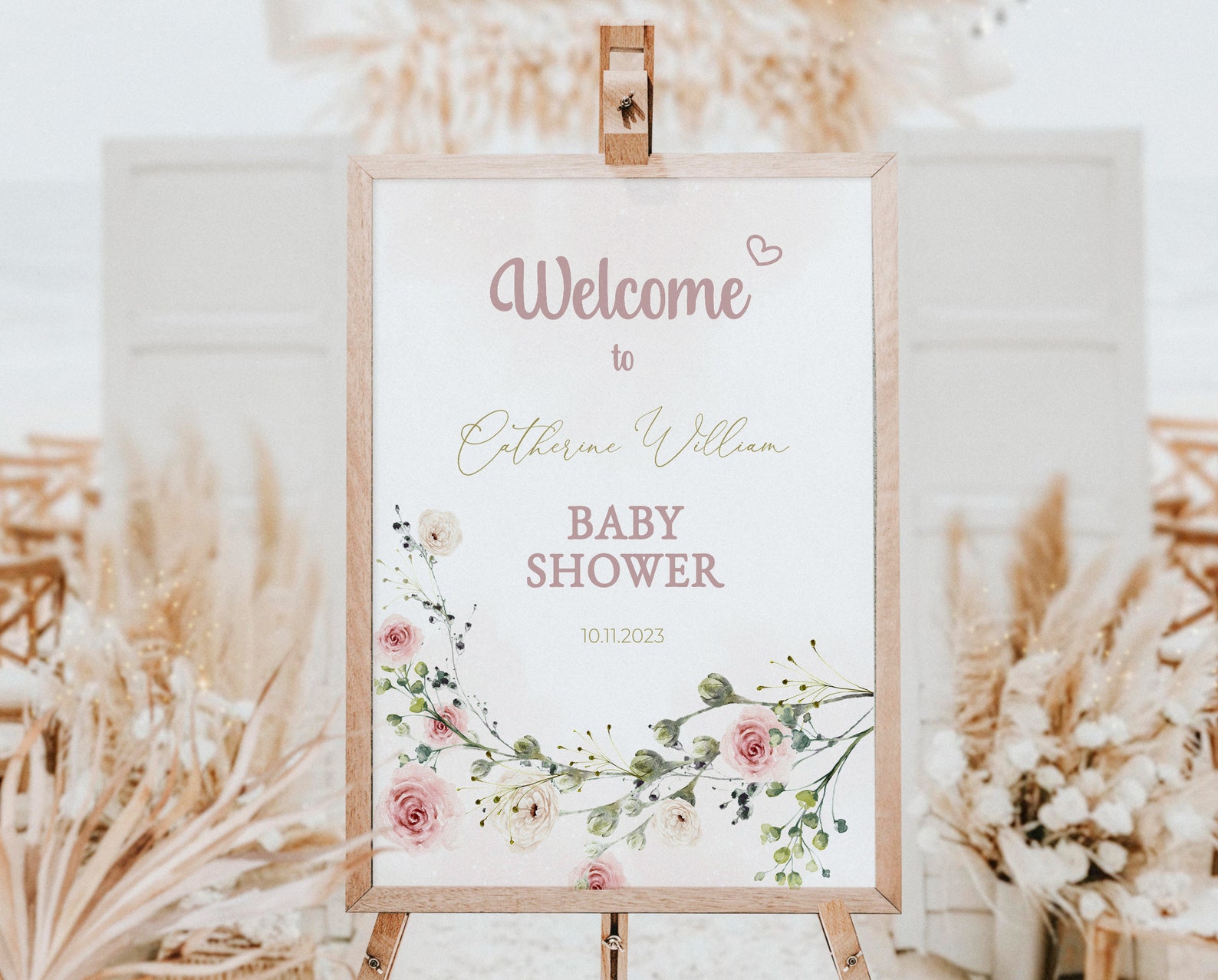Hello Baby Shower Welcome Sign Template Pink White Roses - Etsy