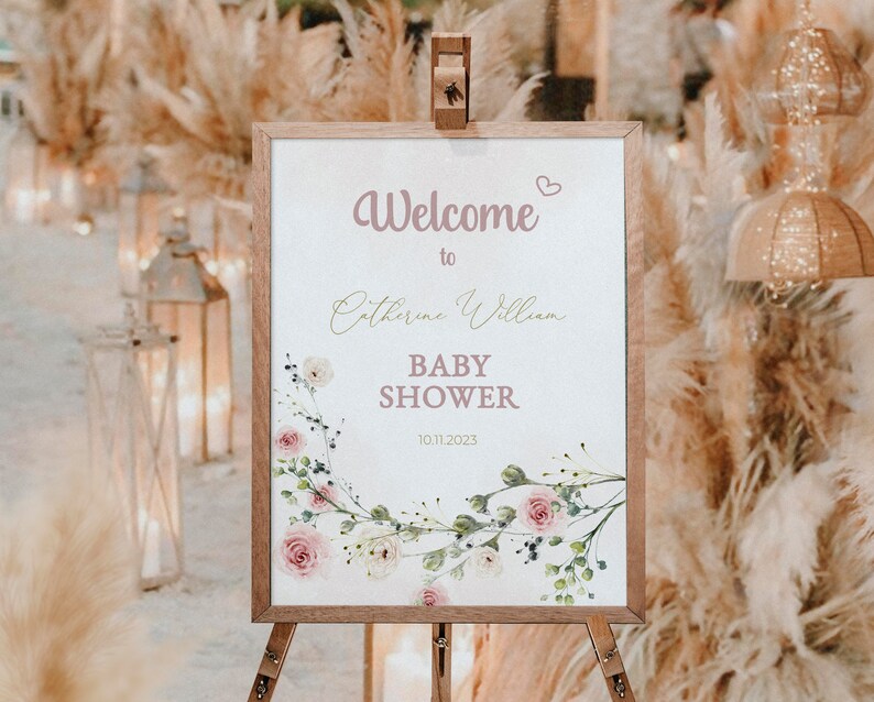 Hello Baby Shower Welcome Sign Template Pink White Roses - Etsy