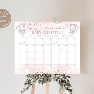 Printable Baby Shower Due Date Calendar Pink Elephant Boho Baby Shower ...