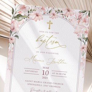 BLUSH Pink Baptism Invitation Template, Pink Rose Floral, Printable ...