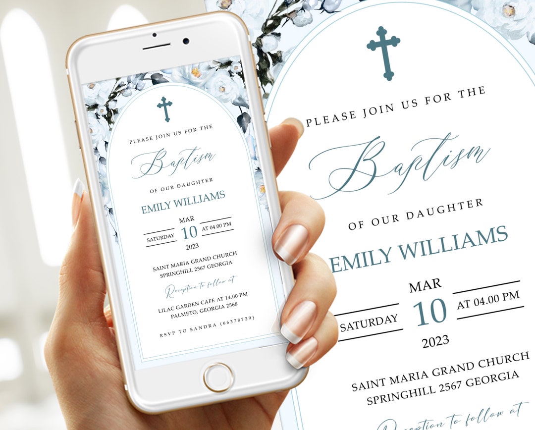 Digital Baptism Invitation Template Blue, Arch Frame Blue Roses, Blue ...