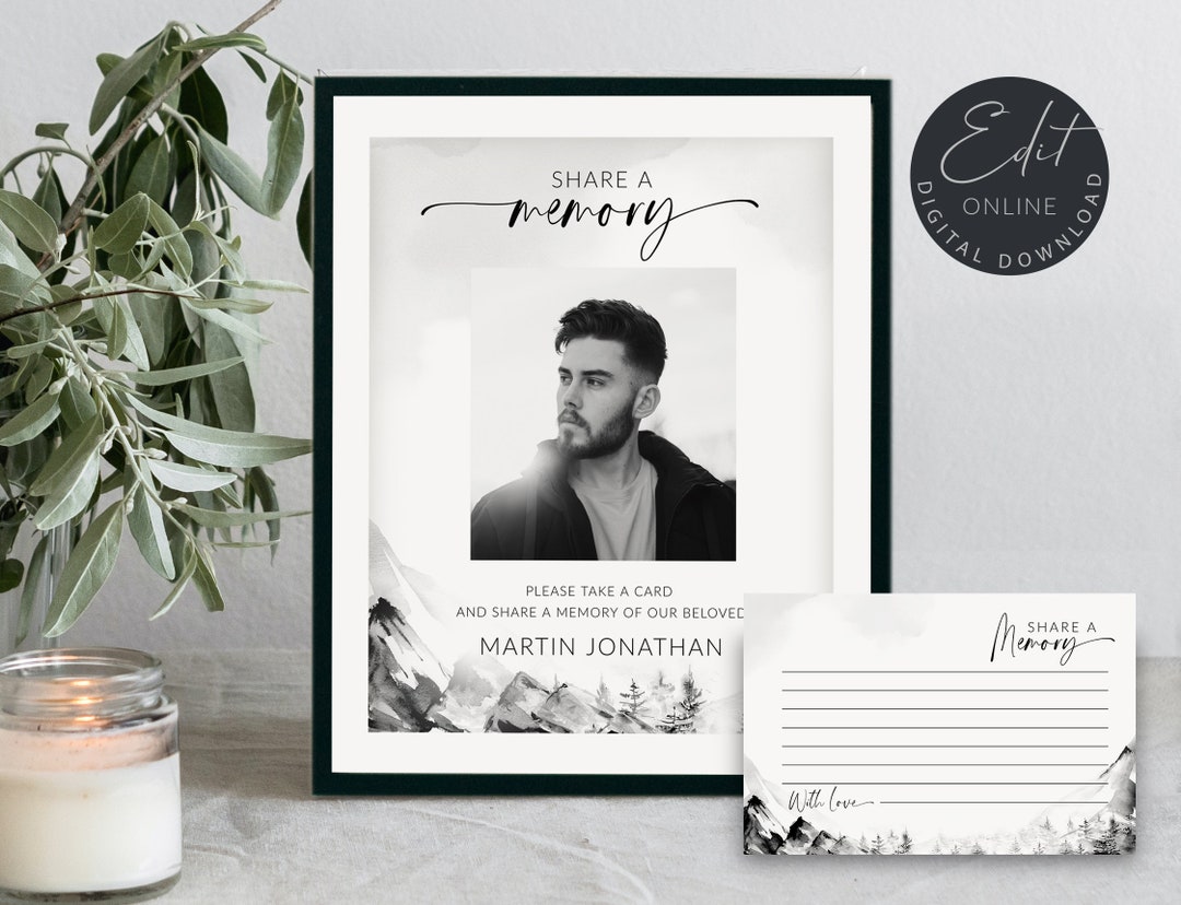 Modern Mountain Share A Memory Sign & Cards Funeral Memory Card for Man ...