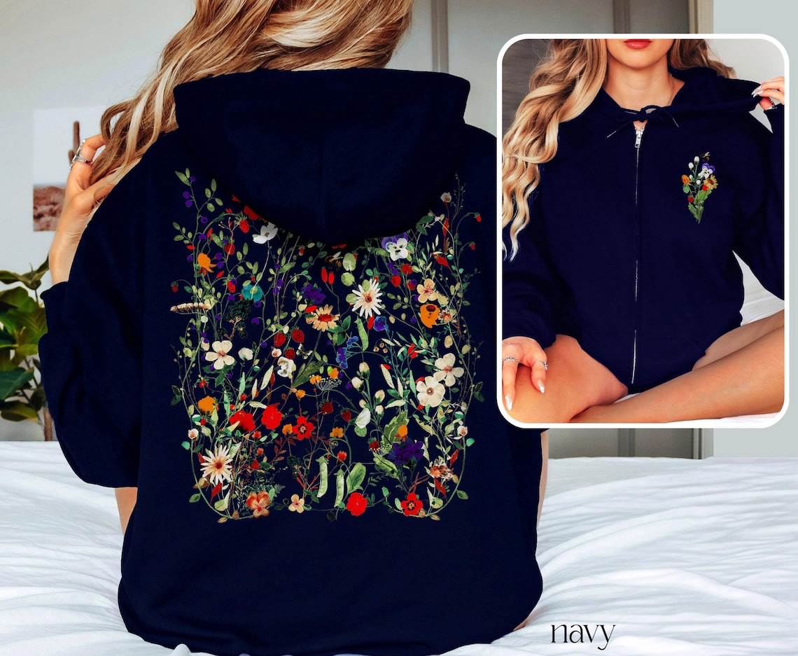 Pressed Flowers Zip Hoodie Cottagecore Sweatshirt Floral Fleece Jacket ...