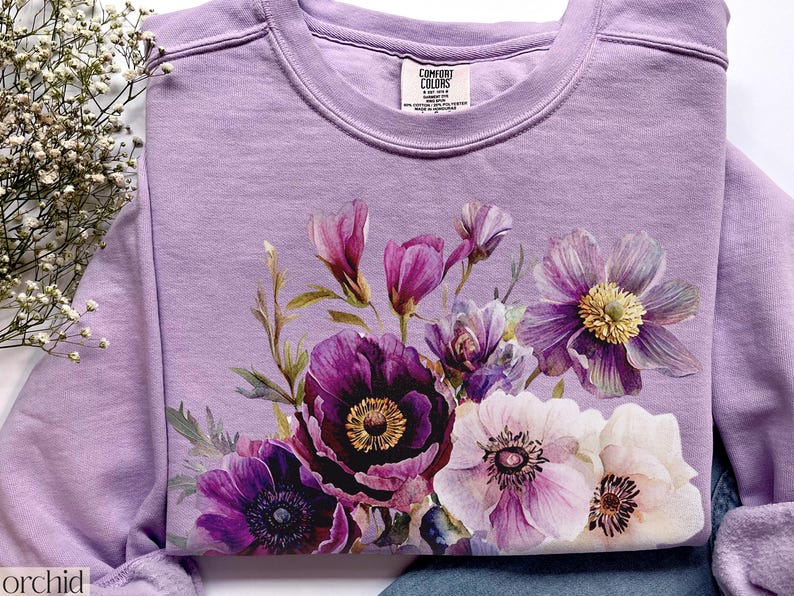 Pressed Flowers Sweatshirt Purple Comfort Colors Sweater Boho ...