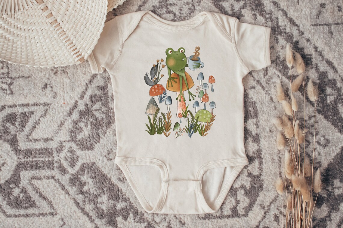 Boho Frog Bodysuit Mystical Mushrooms Baby Bodysuit Coffee | Etsy