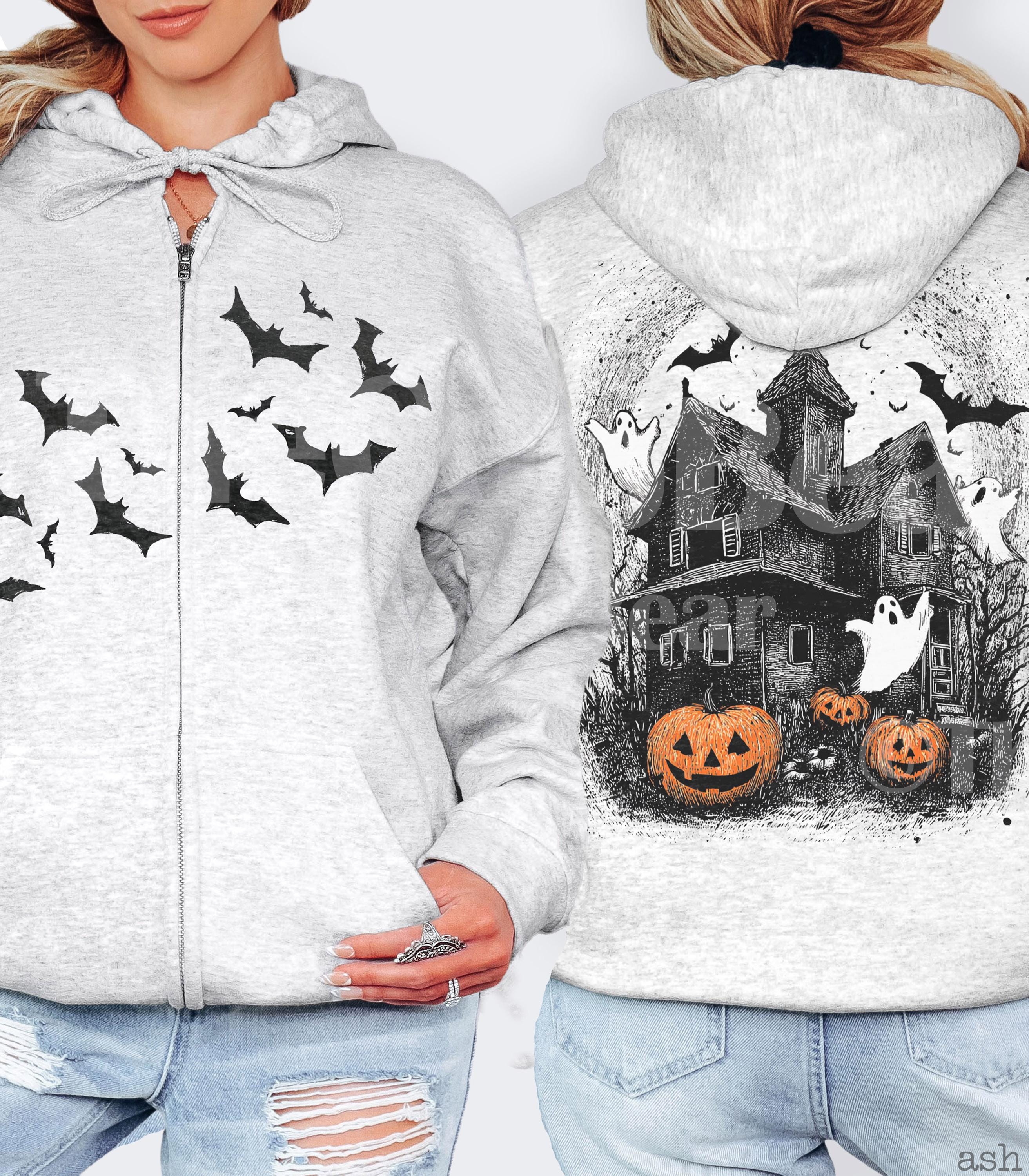 Haunted House Zip Hoodie Halloween Sweater Spooky Season Jacket Full ...