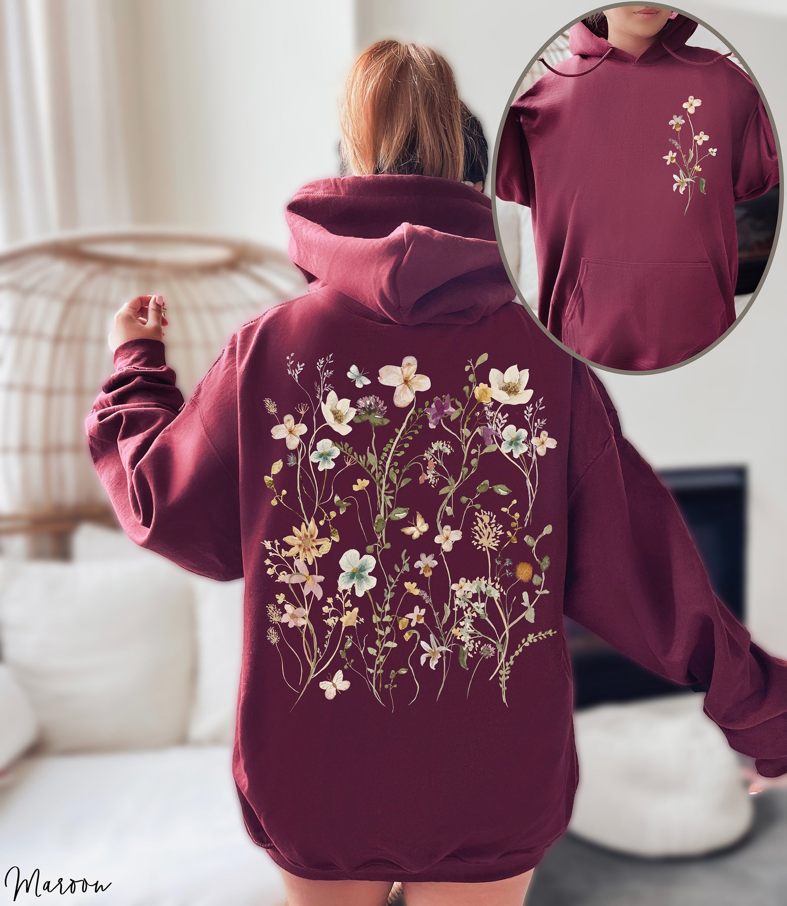 Vintage Pressed Flowers Hooded Sweatshirt, Boho Cottagecore Pastel ...