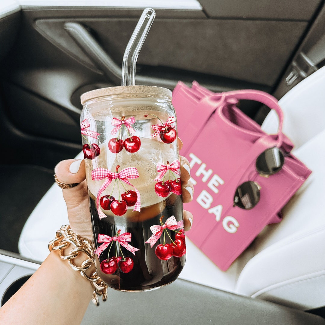 Coquette Cherries Glass Cup Pink Bows Glass Can W/ Lid & Straw Iced ...