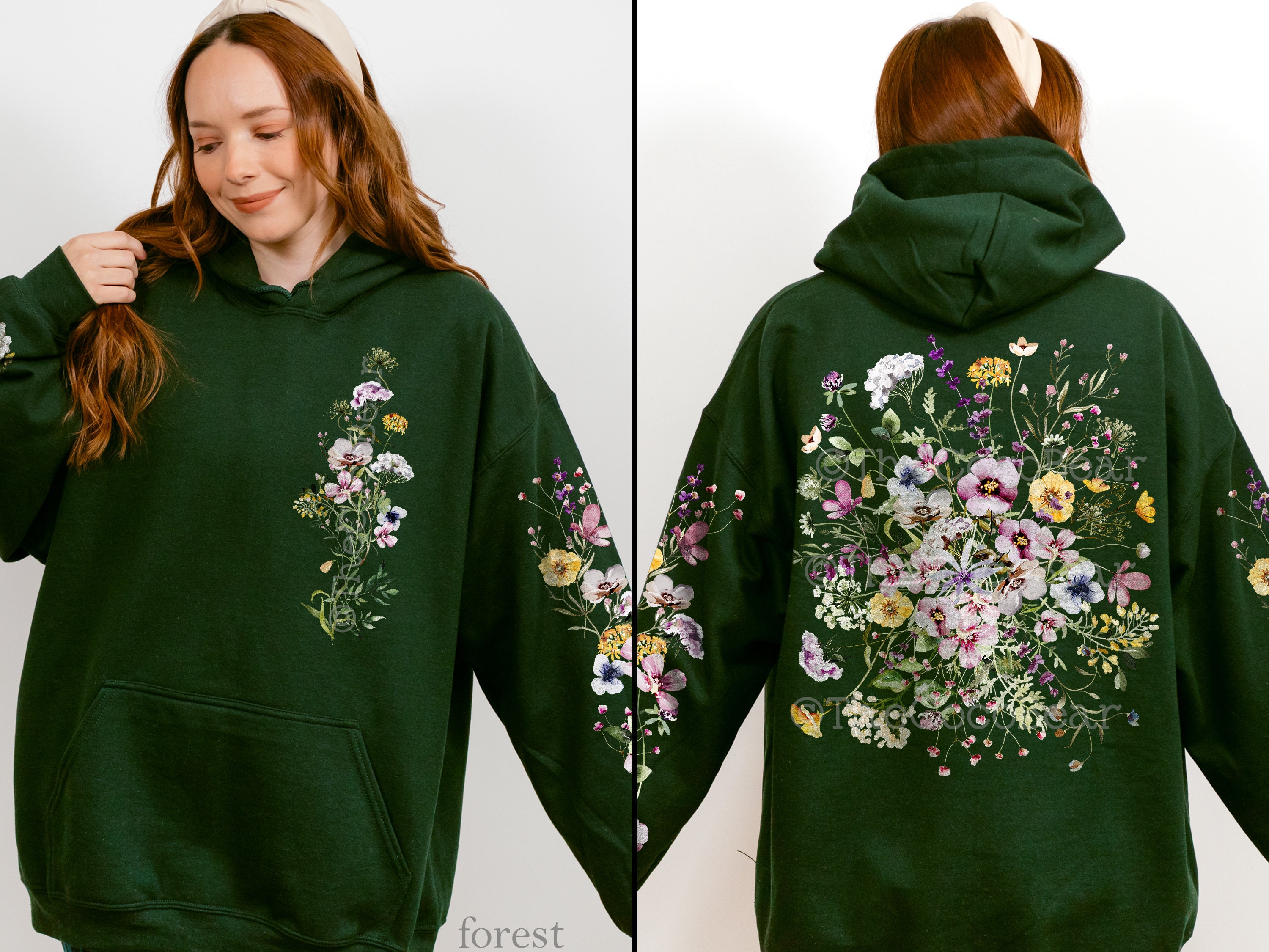 Vintage Pressed Flowers Hooded Sweatshirt, Boho Cottagecore Pastel ...