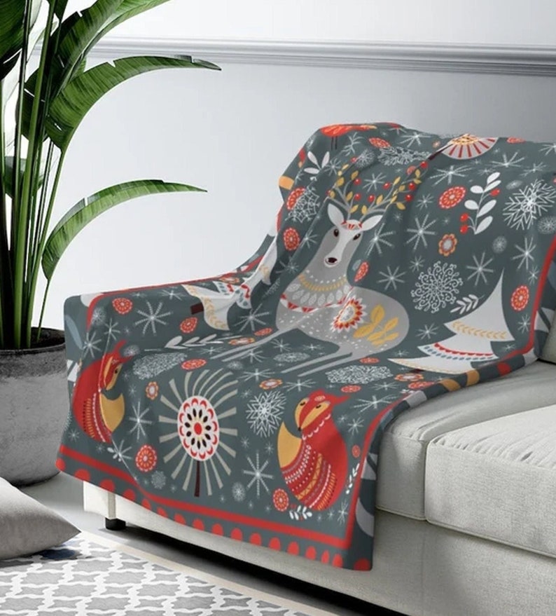 Scandinavian Folk Art Throw Blanket, Norwegian Folk Art Boho Plush ...