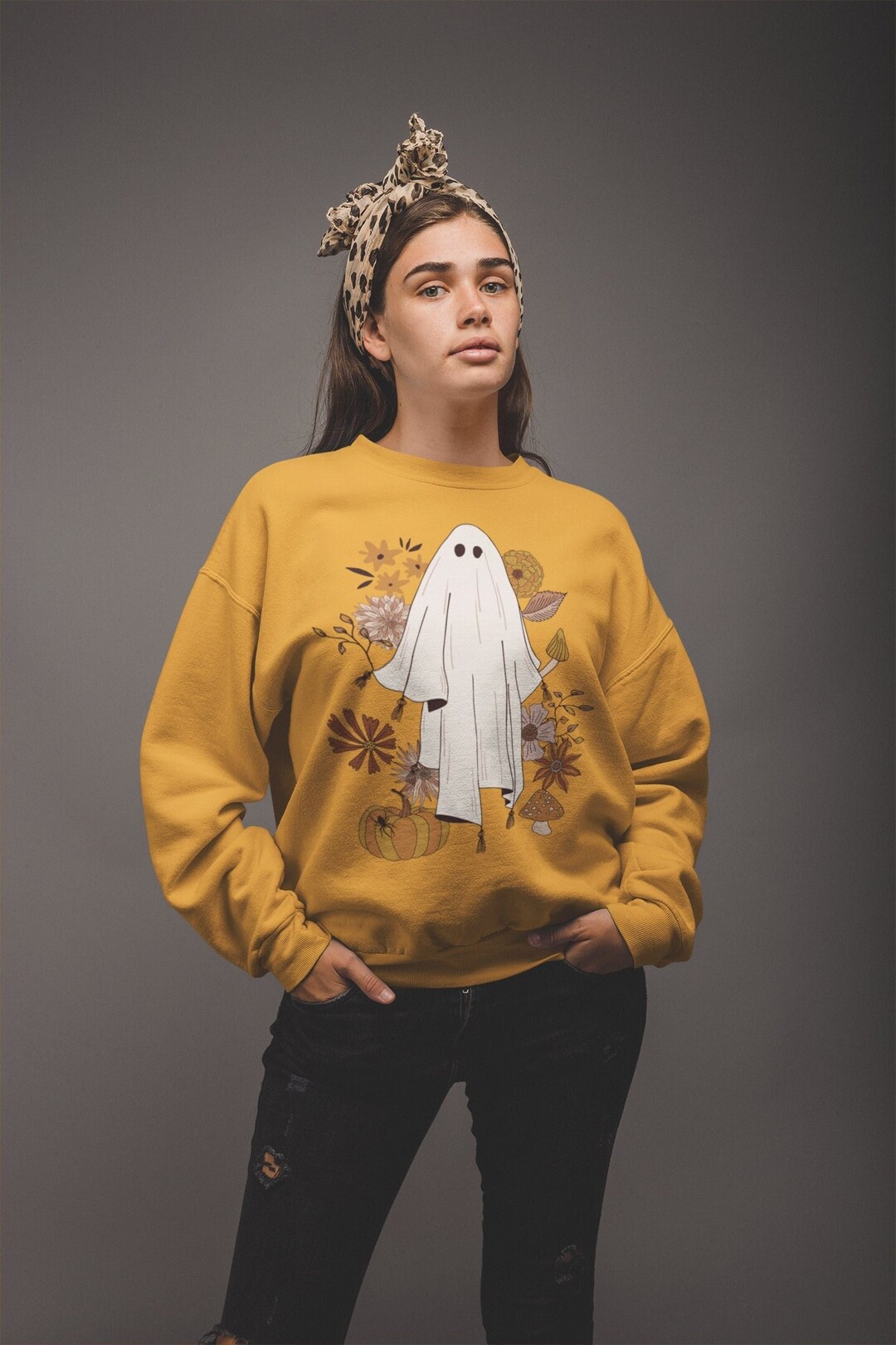 Boho Floral Ghost Sweatshirt, Womens Oversized Comfy Halloween Sweater ...
