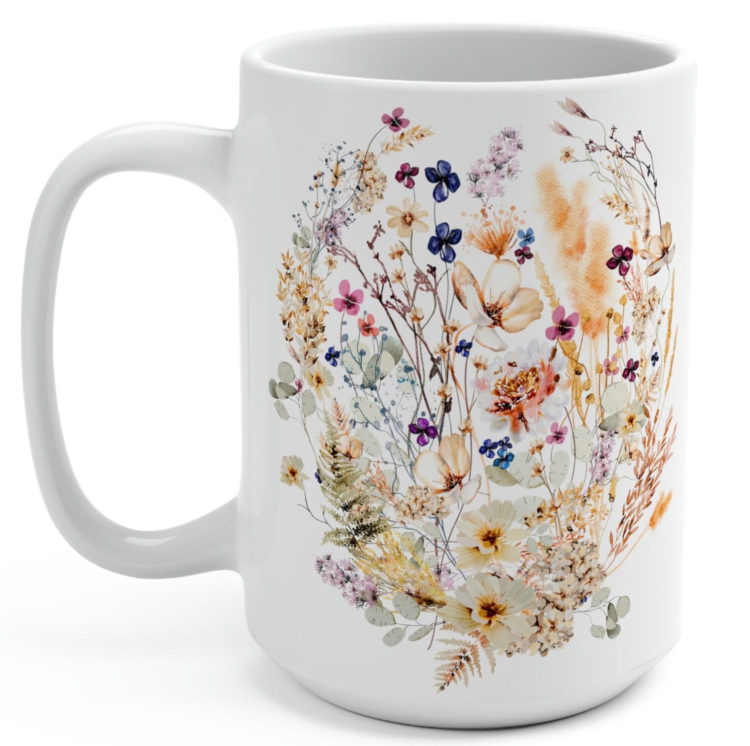 Pressed Flowers Mug, Boho Wildflowers Cottagecore Coffee Mug, Vintage ...