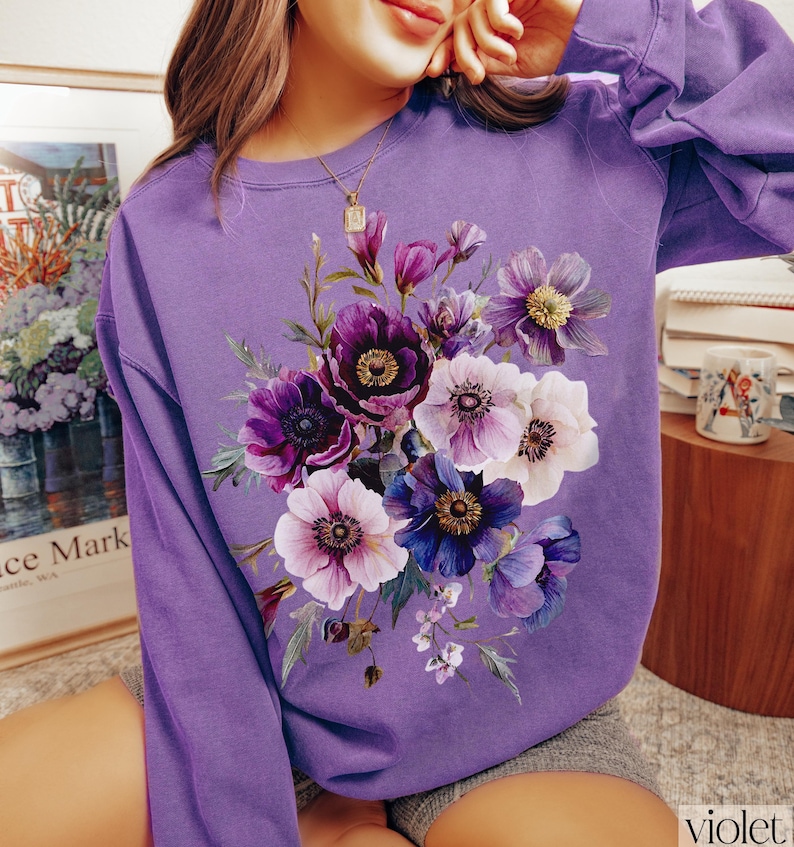 Pressed Flowers Sweatshirt Purple Comfort Colors Sweater Boho ...