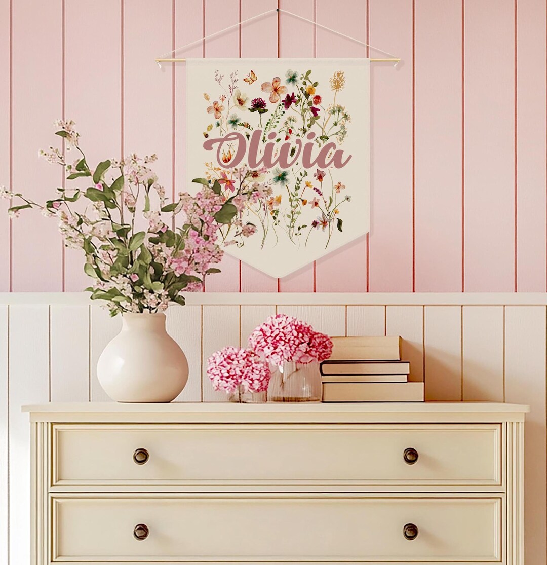 Pressed Flowers Name Sign for Girls Room Pink Wildflower Pennant Boho ...