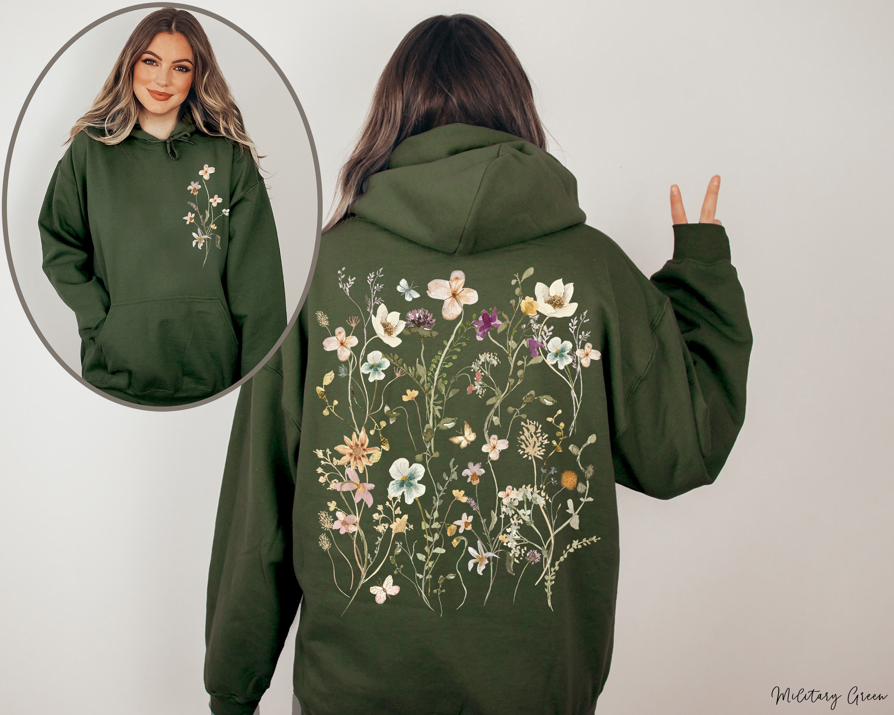 Vintage Pressed Flowers Hooded Sweatshirt, Boho Cottagecore Pastel ...