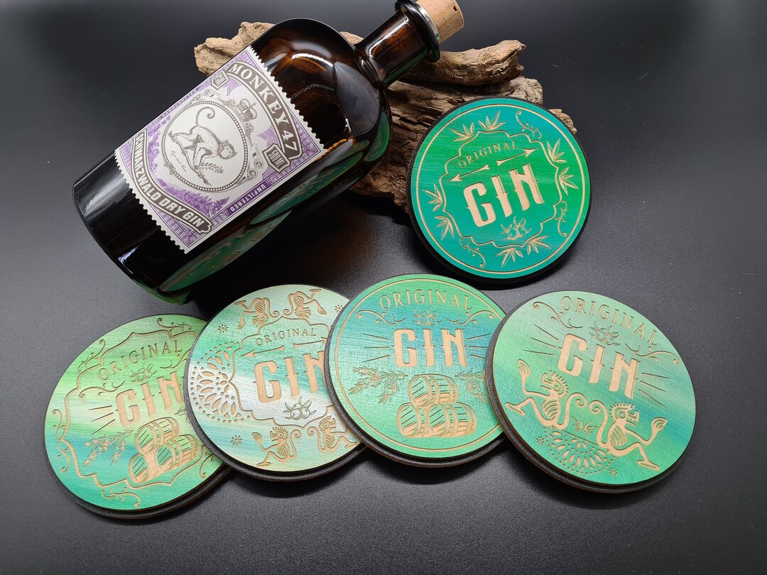 GIN Glass Coaster Unique Wooden Cork Beer Mat Handmade Cocktails ...