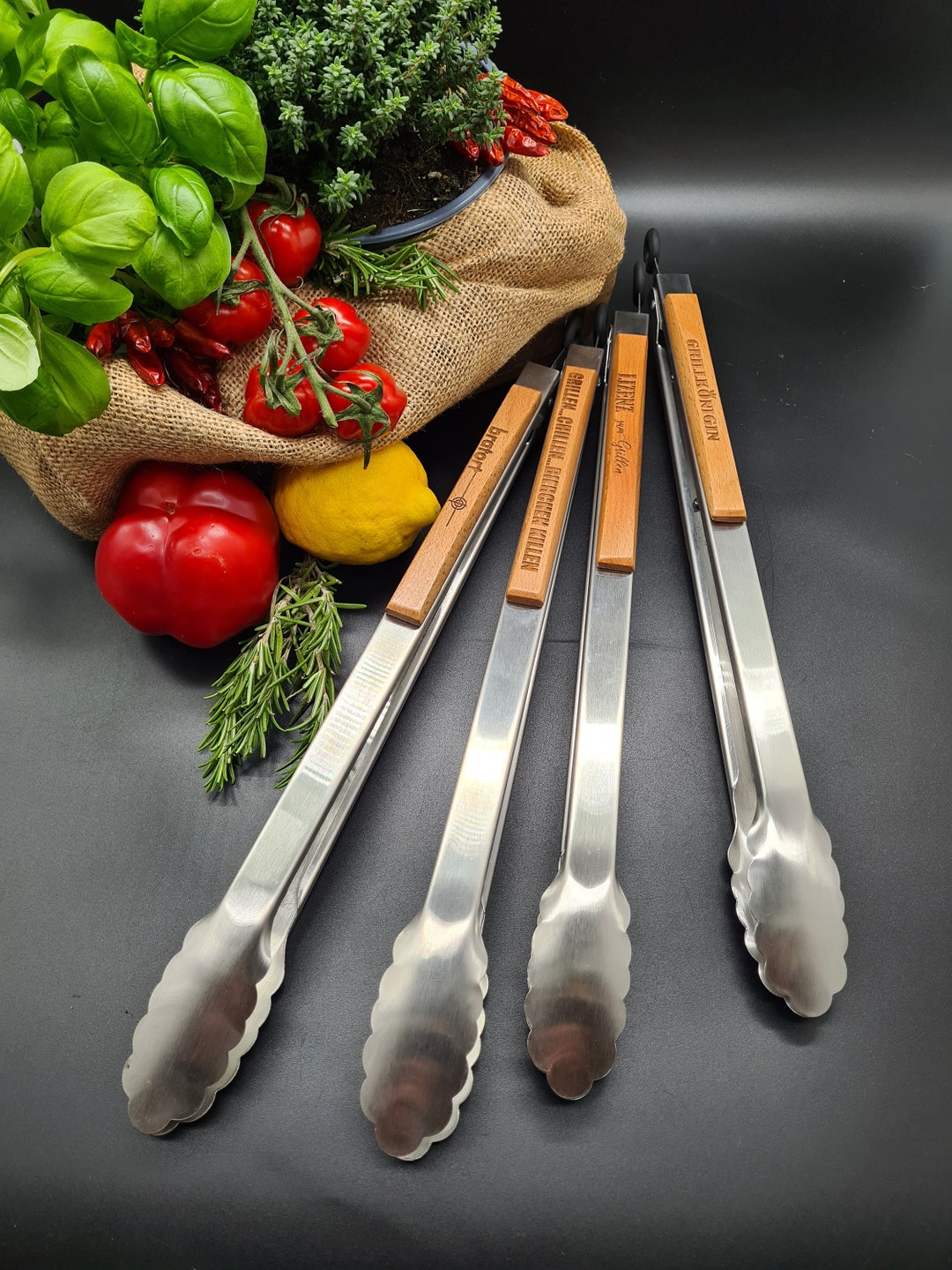 Stainless Steel Grill Tongs With Wooden Handle, BBQ, Chilling Grilling ...