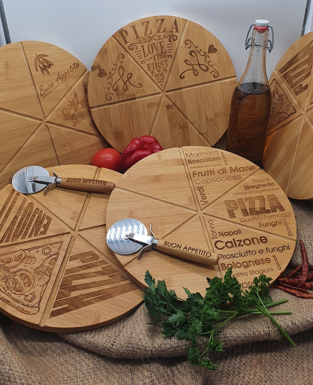 Pizza Plate Made of Bamboo Wood With Seamstress and Pizza Cutter ...