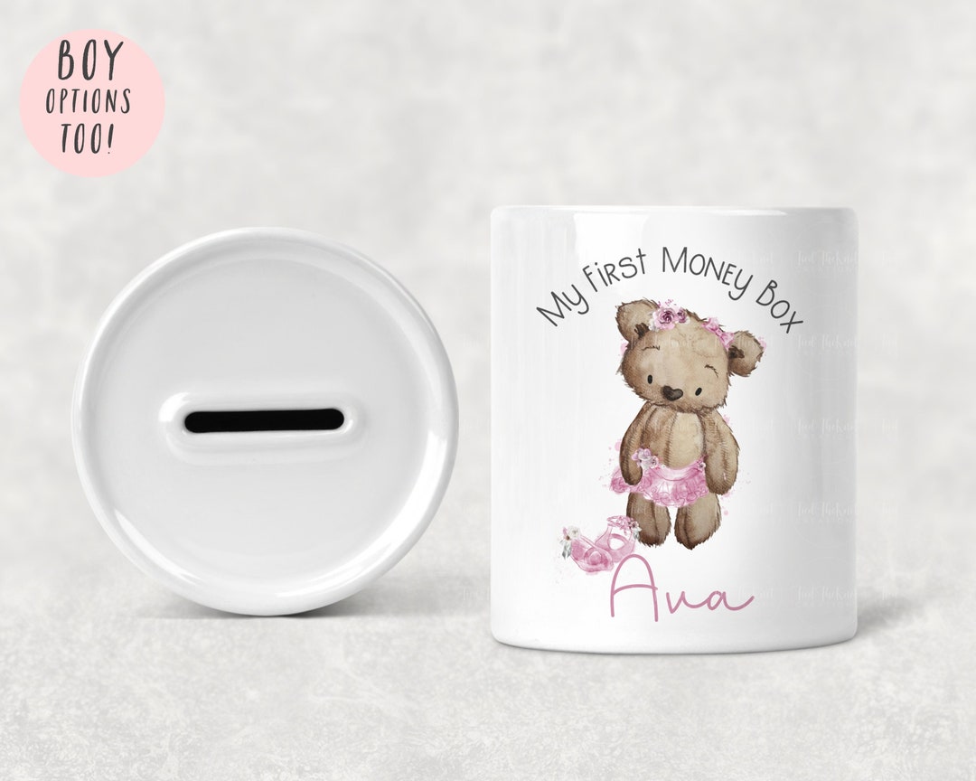 Babys First Money Box, Bear Money Box, Ceramic Money Pot, Personalised ...