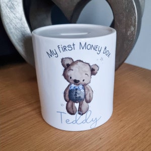 Babys First Money Box, Bear Money Box, Ceramic Money Pot, Personalised ...