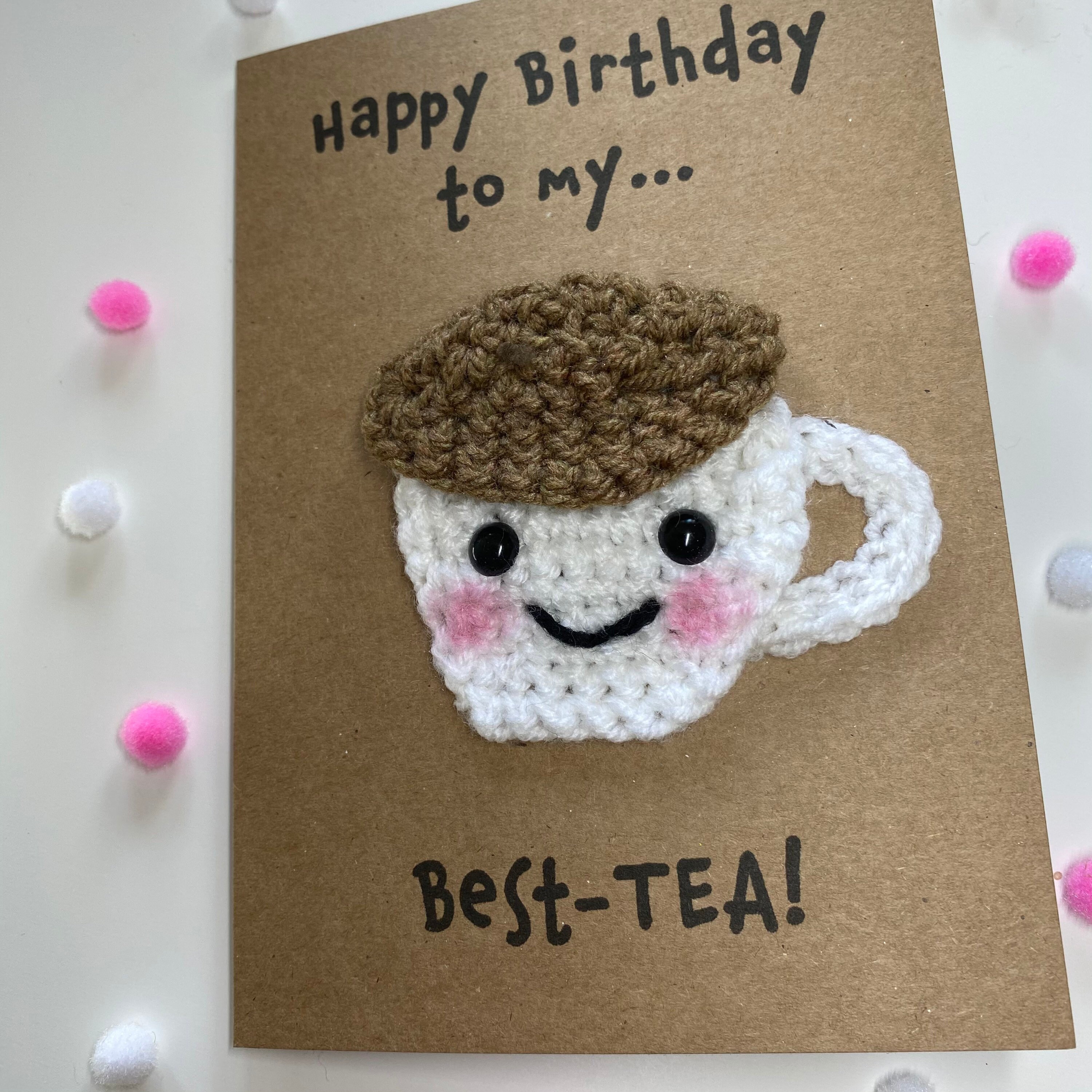 Birthday Card Crochet Card Kraft Card Cup of Tea Happy | Etsy