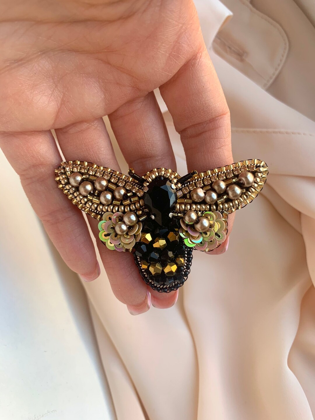 Embroidered Beaded Brooch Insect, Beaded Brooch Bee, Gold Brooch Fly ...