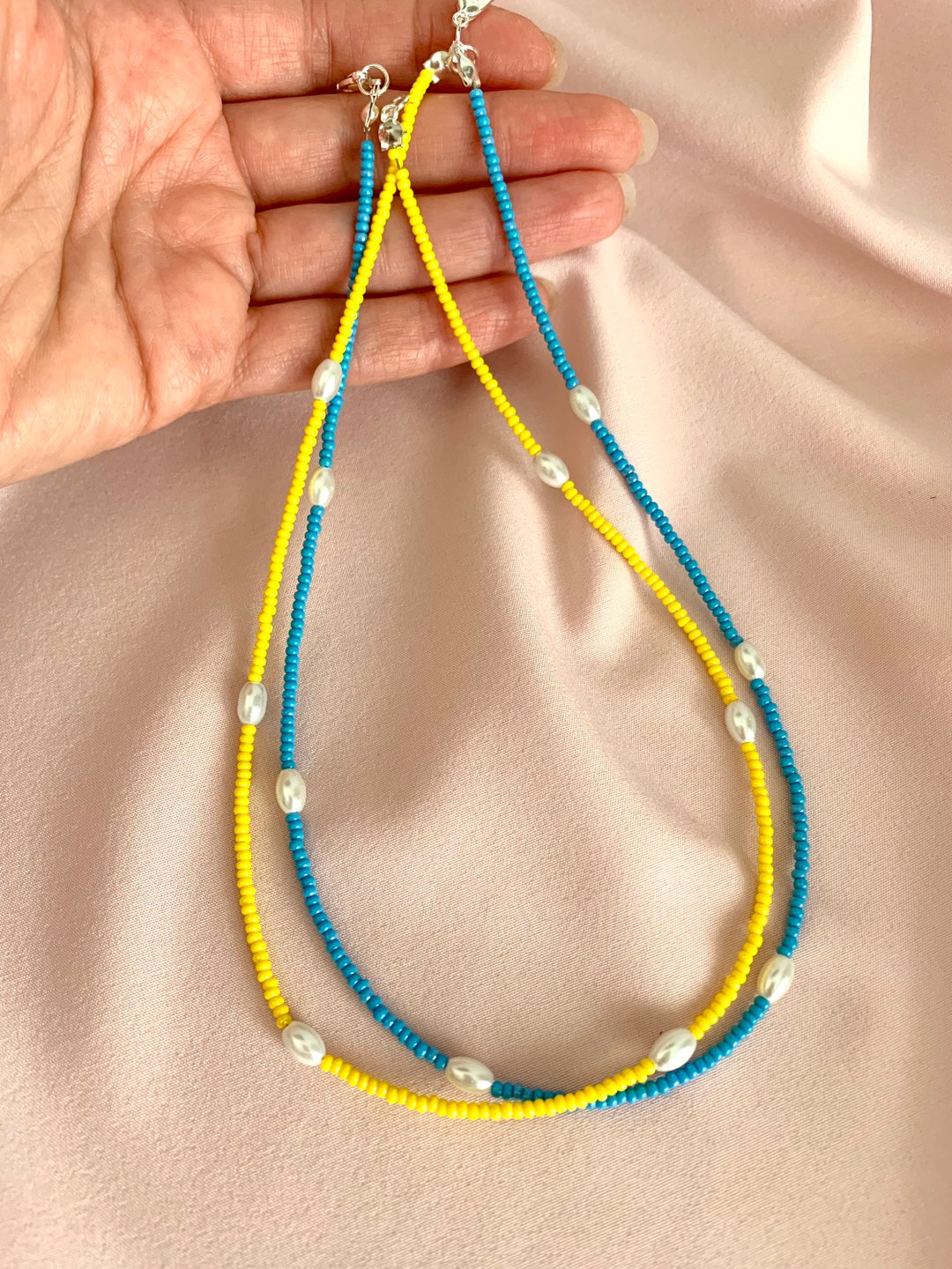 Beaded Ukrainian Patriotic Blue Color Choker, Yellow Choker With Pearls ...