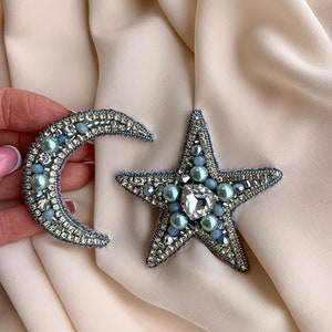 Beaded Embroidered Brooches Star and Month Sets. Brooch Made of Beads ...